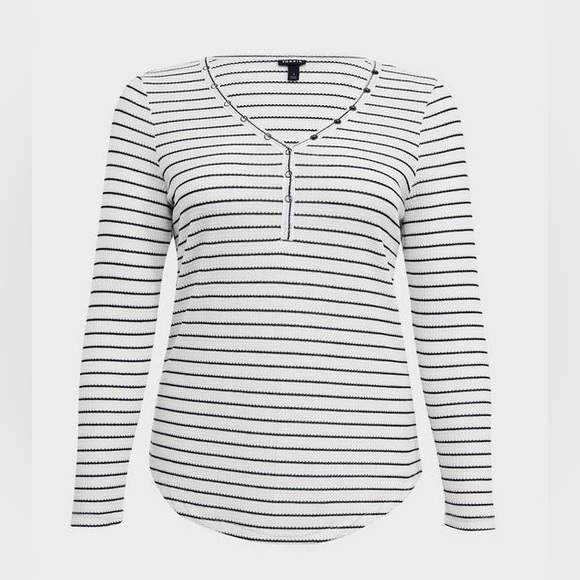 Tops | Torrid White Black Striped Waffle Snap Henley Long Sleeve Tee ...